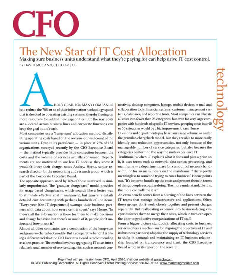 CFO Magazine Article: The New Star of IT Cost Allocation - ComSci